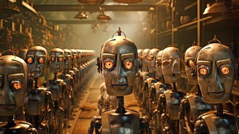 Military Robots With Glowing Eyes Stand In Rows And Rows At The Factory