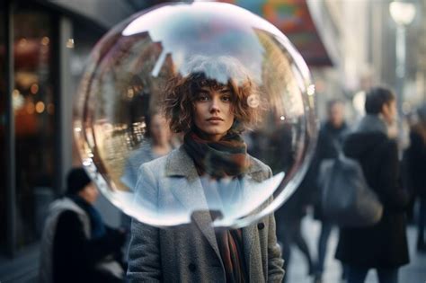 Woman Inside A Big Soap Bubble Introvert Loner Living In Solitude