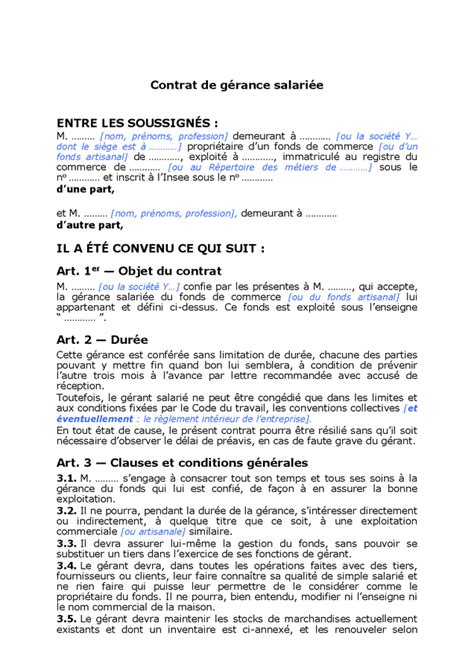 Contrat de gérance salariée DOC PDF page 1 sur 3