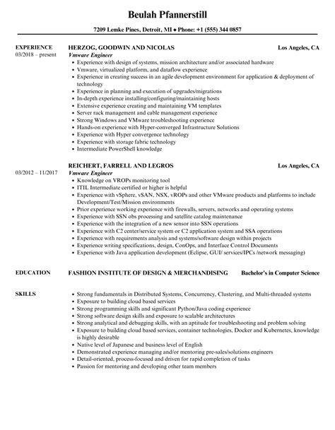 Vmware Engineer Resume Samples Velvet Jobs