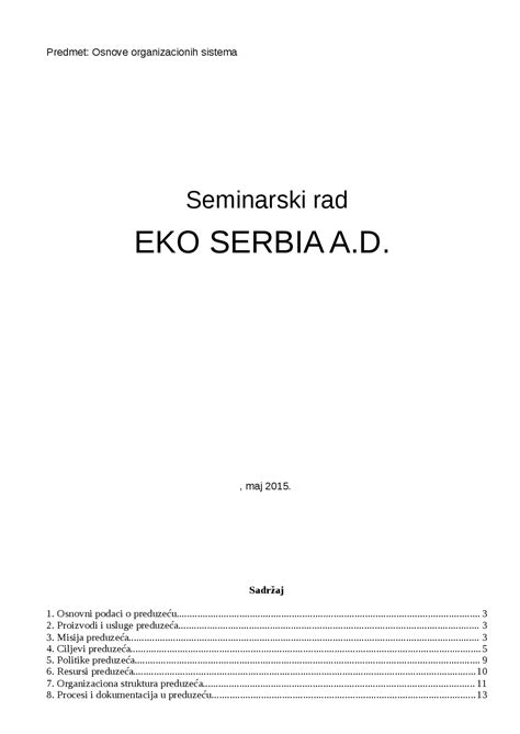 Seminarski Rad Osnove Org Sistema Eko Serbia Esej Predlog Osnove
