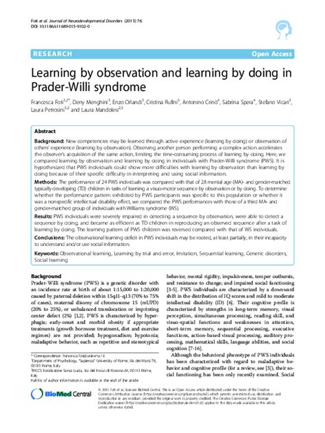 Pdf Learning By Observation And Learning By Doing In Prader Willi