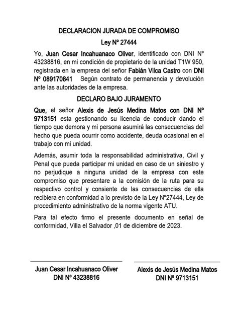 Declaracion Jurada De Compromiso Pdf