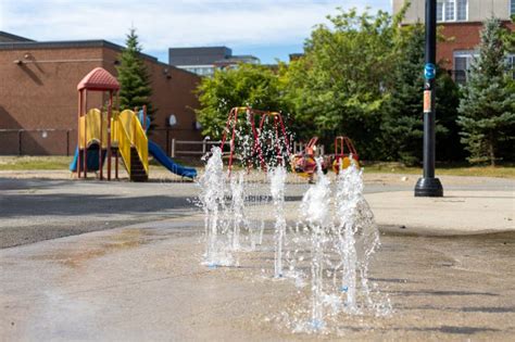 Splash Pad Playground In Public Park In Summer Without People Stock