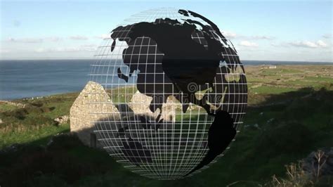 Rotating Globe Grid Animation Over Coastal Landscape With Ancient Ruins