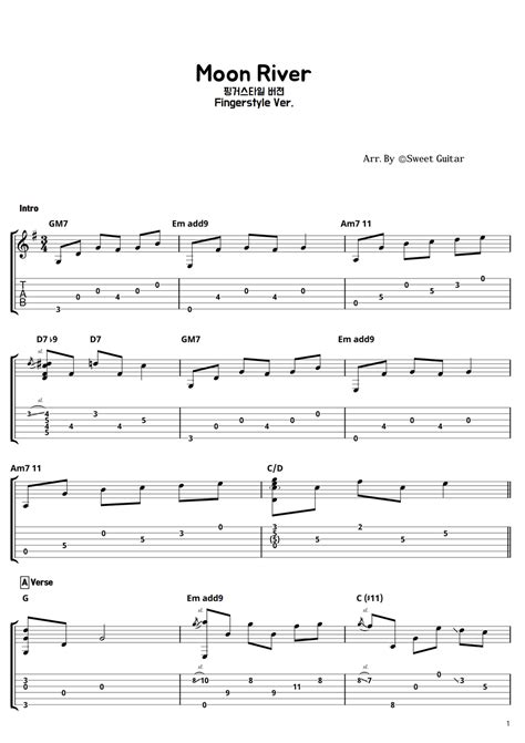 Moon River 문리버 Fingerstyle Guitar Tabs 핑거스타일 기타 코드and타브악보 Sheet