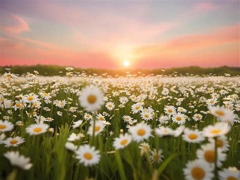Sunset Over Daisy Field Premium Ai Generated Image