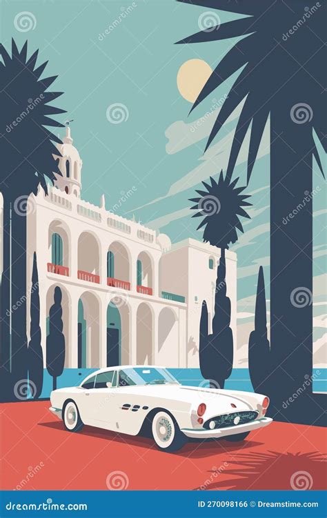 Classical Supercar Minimalist Retro Poster Car In Front Of A Villa