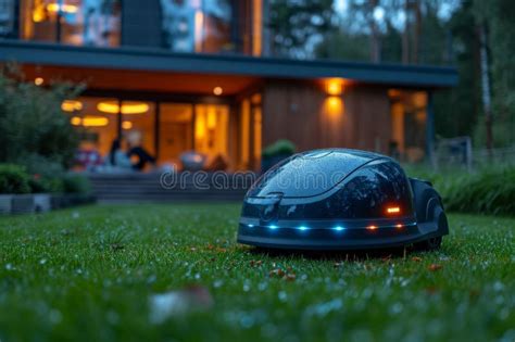 A Robotic Futuristic Lawn Mower Stands On The Lawn Near The House At