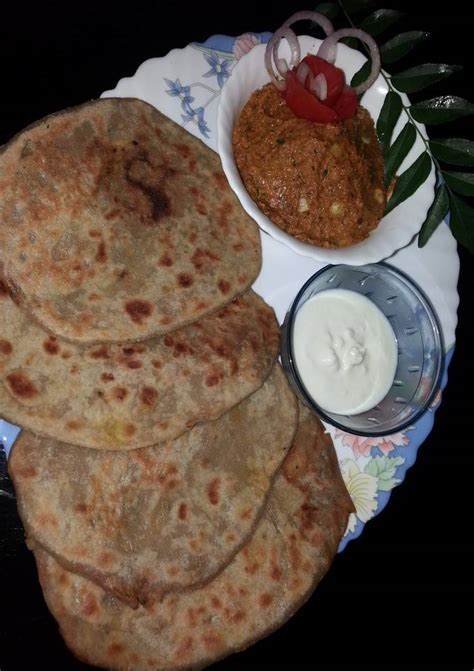 Aloo Paratha With Tomato Garlic Chutney And Curd Recipe By Neenus