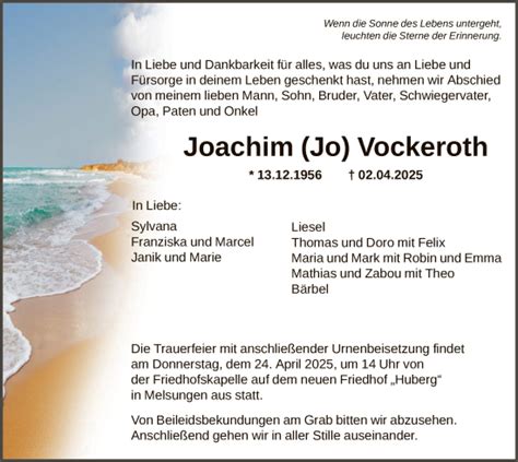Traueranzeigen Von Joachim Vockeroth Trauer Hna De