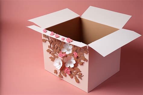 ピンクの背景と赤い花の飾りが付いた白い段ボール箱 プレミアム写真