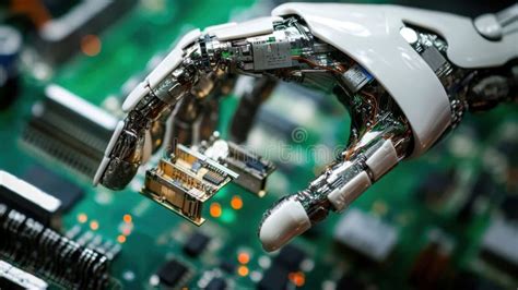 Robotic Arm Holding Microchip Over Circuit Board Artificial Intelligence In Action Stock