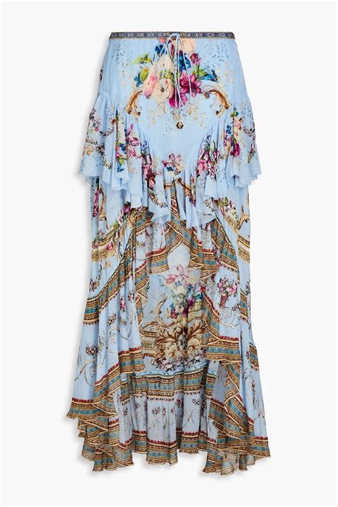 Camilla Embellished Ruffled Floral Print Silk Crepe De Chine Maxi Skirt