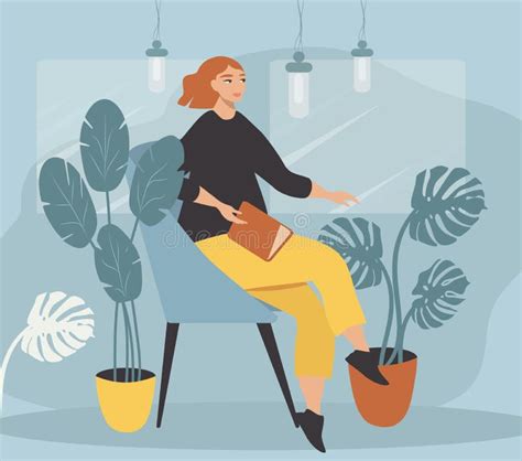 Illustration In A Flat Style A Young Girl Reading A Book Sitting In A