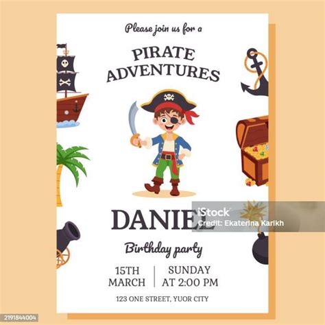 해적 초대장 해적 요소가 있는 생일 파티 초대장 인사말 카드 엽서 포스터 가공의 인물에 대한 스톡 벡터 아트 및 기타 이미지 가공의 인물 개체 그룹 걸이 장비