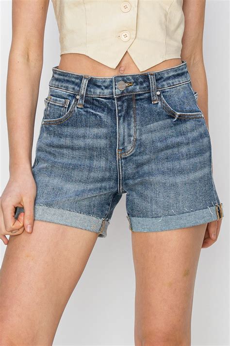 High Rise Cuffed Denim Shorts In Medium Wash Route 81 Boutique