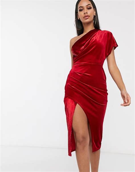 Asos Design Samt Midikleid Mit One Shoulder Träger Und Wickeldesign