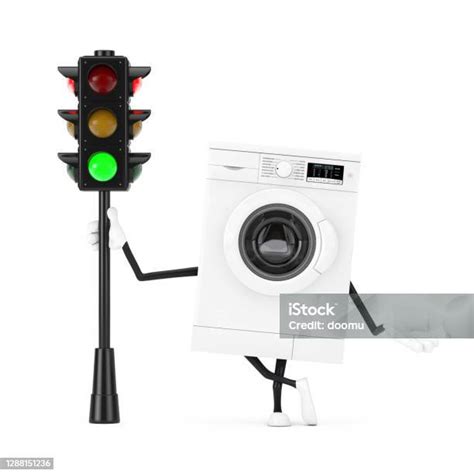 교통 녹색 빛 현대 흰색 세탁기 캐릭터 마스코트 3d 렌더링 가사 집안일에 대한 스톡 사진 및 기타 이미지 가사 집안일 가정 생활 교통신호등 Istock