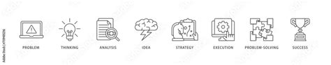 Solution Icon Set Flow Process Which Consists Of Problem Thinking Analysis Idea Strategy