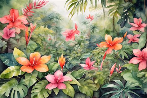 Watercolor Tropical Lush Flower Forest Graphic By Forhadx5 · Creative