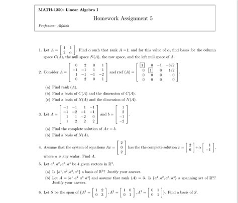 Solved Math 1250 Linear Algebra I Homework Assignment 5