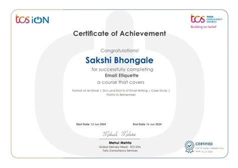 Sakshi Bhongale On Linkedin Hello Connection Happy To Share One More Achievement Of Tcs Ion…