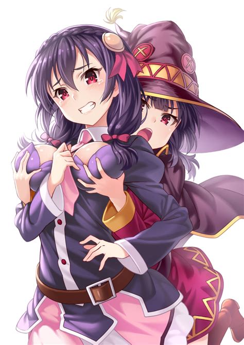 Safebooru 2girls Black Hair Blush Bow Braid Breast Grab Breasts Cape