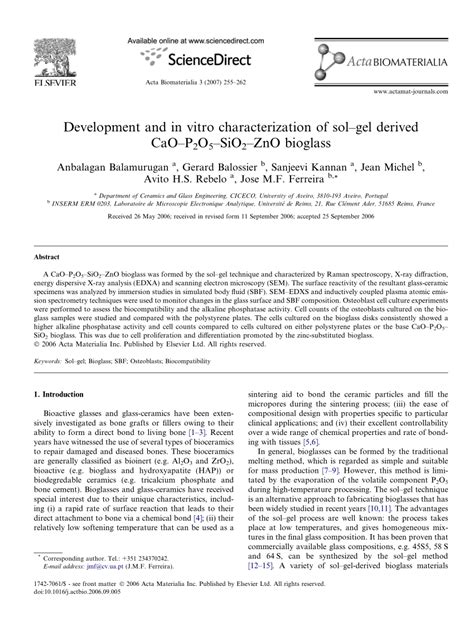 Pdf Development And In Vitro Characterization Of Sol Gel Derived Cao P2o5 Sio2 Zno Bioglass