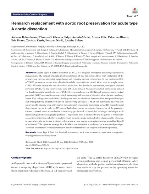 Pdf Hemiarch Replacement With Aortic Root Preservation For Acute Type A Aortic Dissection