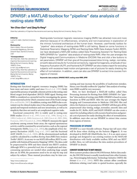 Pdf Dparsf A Matlab Toolbox For “pipeline” Data Analysis Of Resting State Fmri