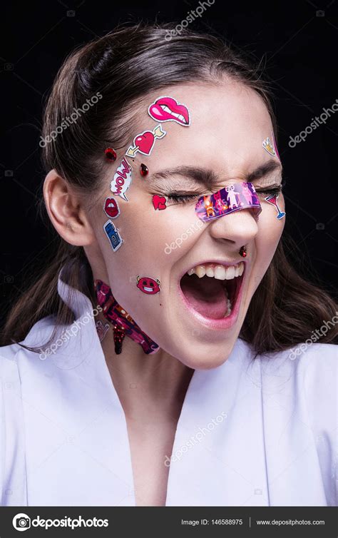 Beautiful Fashion Girl With Luxury Professional Makeup And Funny Emoji