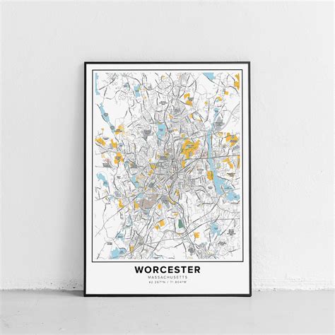 Worcester Map Print Street Names Worcester Print Printable Etsy