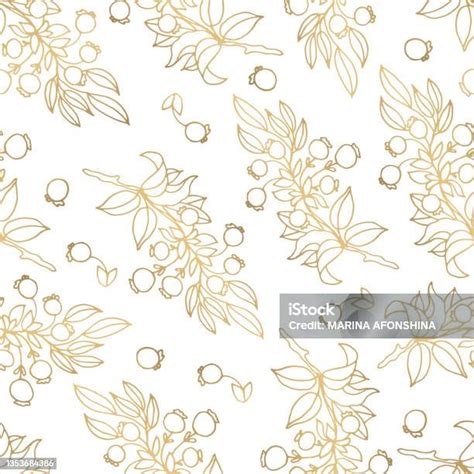 매끄러운 패턴 고급스러운 골드와 우아한 나뭇가지와 흰색 배경에 베리가 있습니다 베리 무늬 금박 벡터 파일입니다 0명에 대한 스톡 벡터 아트 및 기타 이미지 Istock