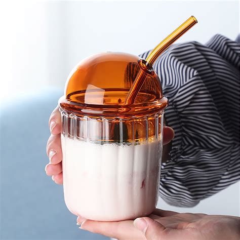 Hglyxoae Cute Drinking Glasses With Glass Dome Lid And Straw Reusable Wide Mouth Milkshakes