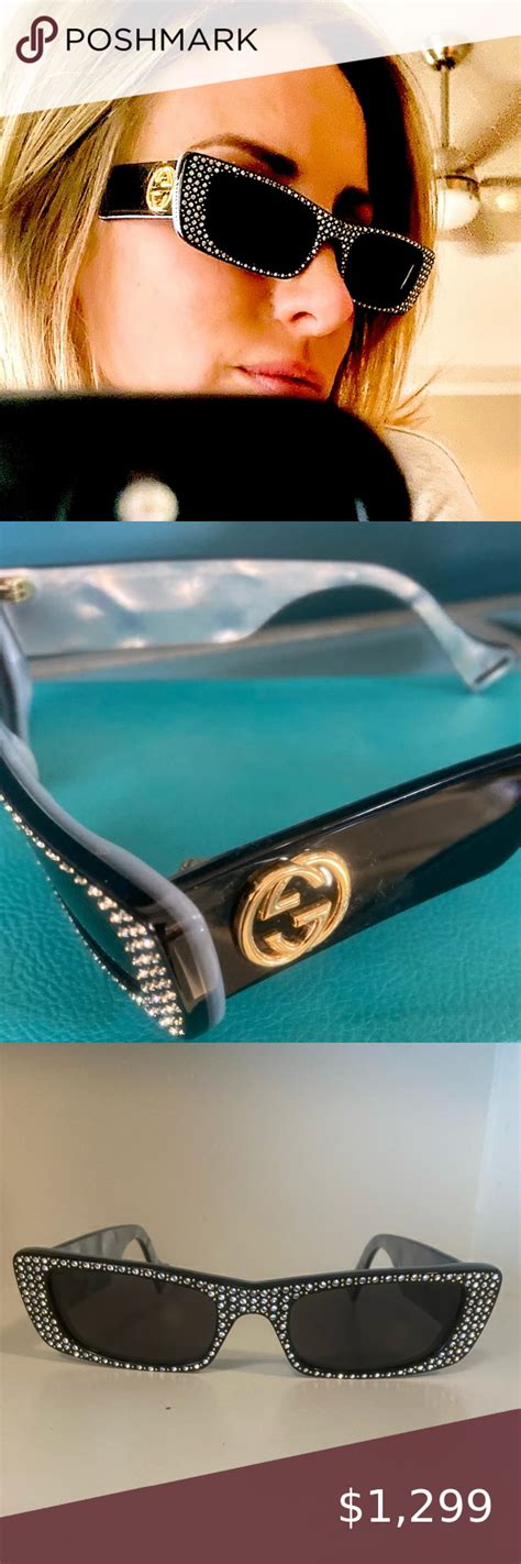 Gucci Rectangular Frame Sunglasses With Diamond Crystals And Gold Studs