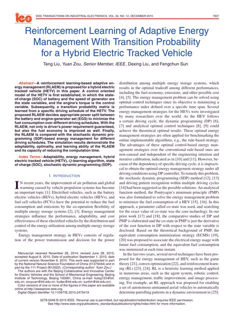 PDF Reinforcement Learning Of Adaptive Energy Management With Transition Probability For A