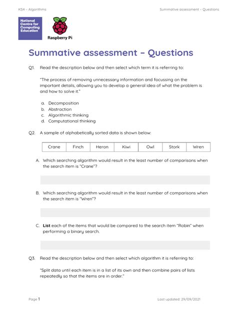 Summative Assessment Algorithms Ks4 Pdf Control Flow Algorithms