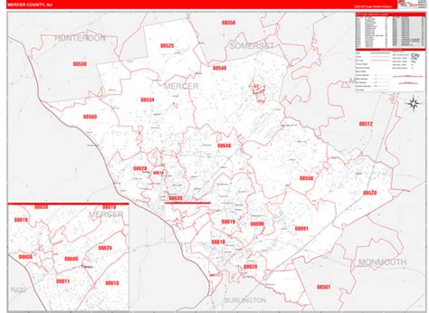 Mercer County Nj Zip Code Wall Map Red Line Style By Marketmaps Mapsales