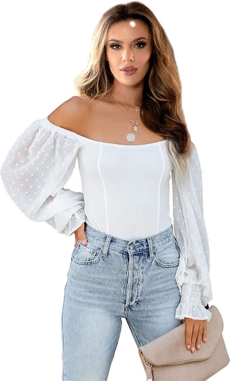 Ohmydear Womens Square Neck One Piece Off Shoulder Puff Long Sleeve