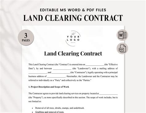 Land Clearing Contract Template Editable Professional Agreement Instant Download