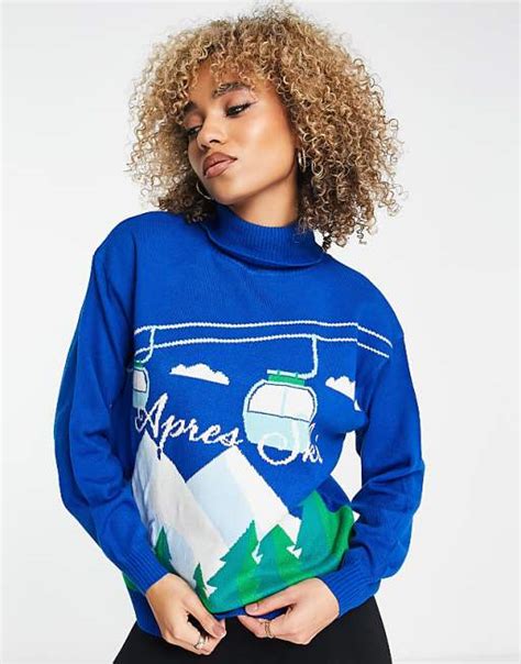 Threadbare Ski High Neck Printed Jumper In Blue Asos