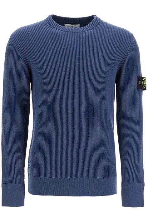 Stone Island Ribbed Wool Crewneck Sweater Blue Stone Island