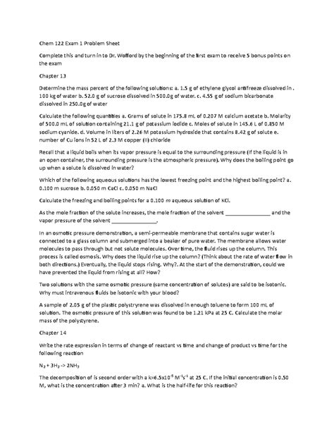 Chem 122 Exam 1 Problem Sheet Chem 122 Exam 1 Problem Sheet Complete This And Turn In To Dr