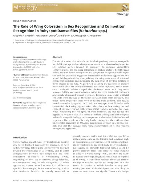 Pdf The Role Of Wing Coloration In Sex Recognition And Competitor