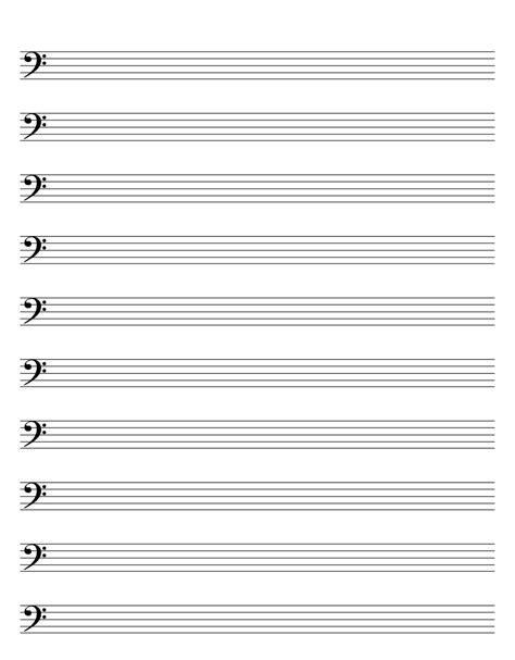 Printable Bass Clef Sheet Music Manuscript Paper 10 Stave Per Page