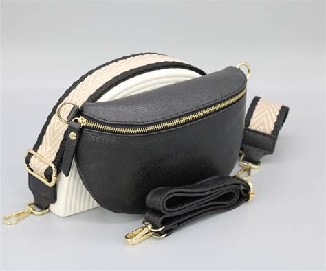 Black Gold Leather Belly Bag For Women With Extra Patterned Straps