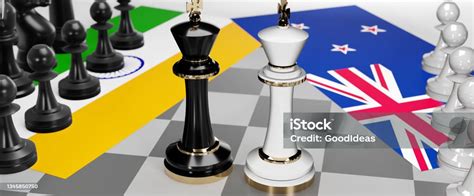 인도와 뉴질랜드 충돌 충돌 위기와 국가 플래그와 체스 게임에 의해 상징 무역 거래와 지배를 목표로 그 두 나라 사이의 논쟁 3d 일러스트 8k Resolution에 대한