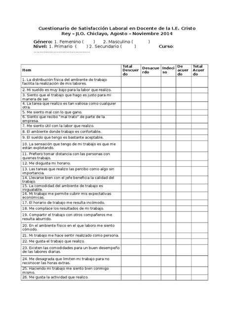 Cuestionario De Satisfacción Laboral En Docente