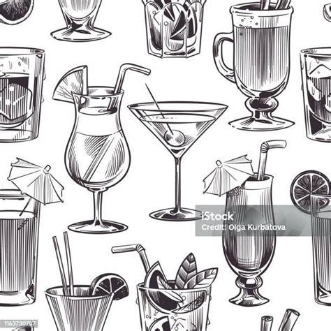 칵테일 이음새가 있는 패턴 손으로 그린 칵테일과 주류는 다른 와인 잔 바 메뉴와 함께 음료를 마십니다 벡터 텍스처 일러스트레이션